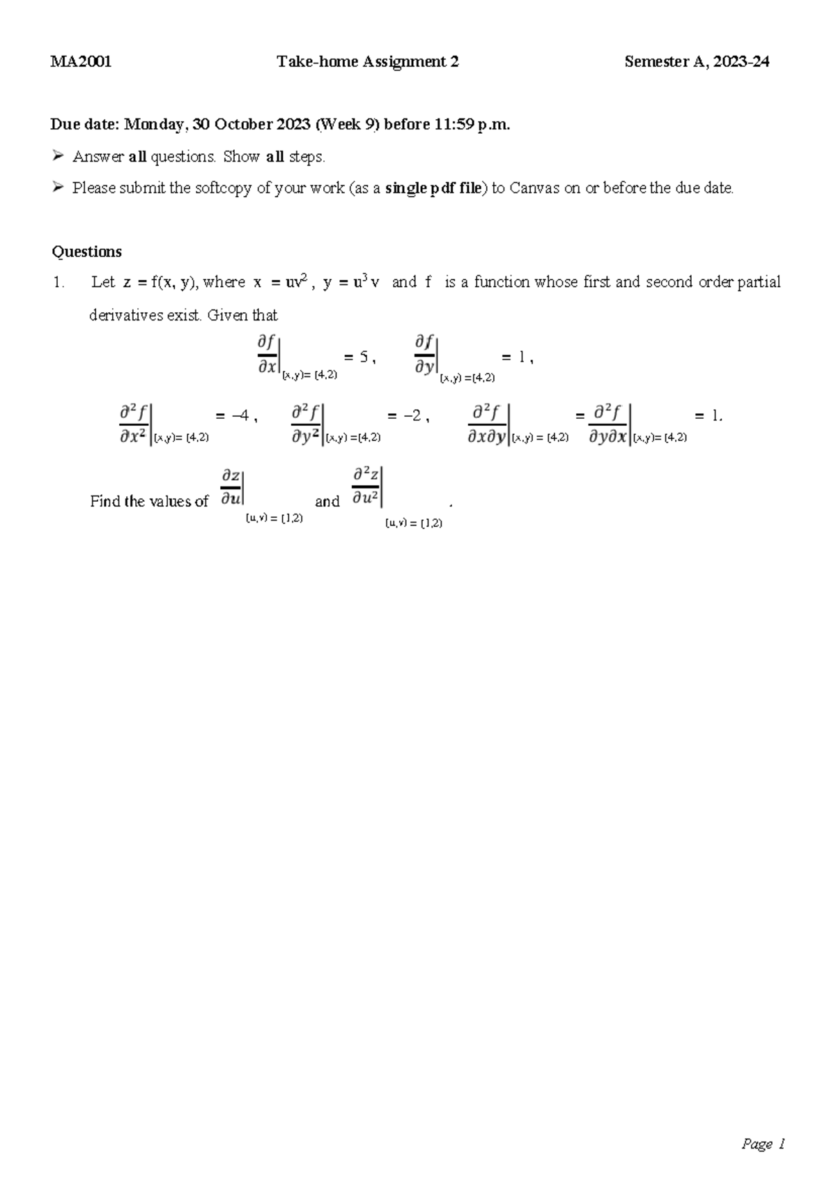 MA2001 2324A THAss 2 - MA2001 Take-home Assignment 2 Semester A, 2023 ...