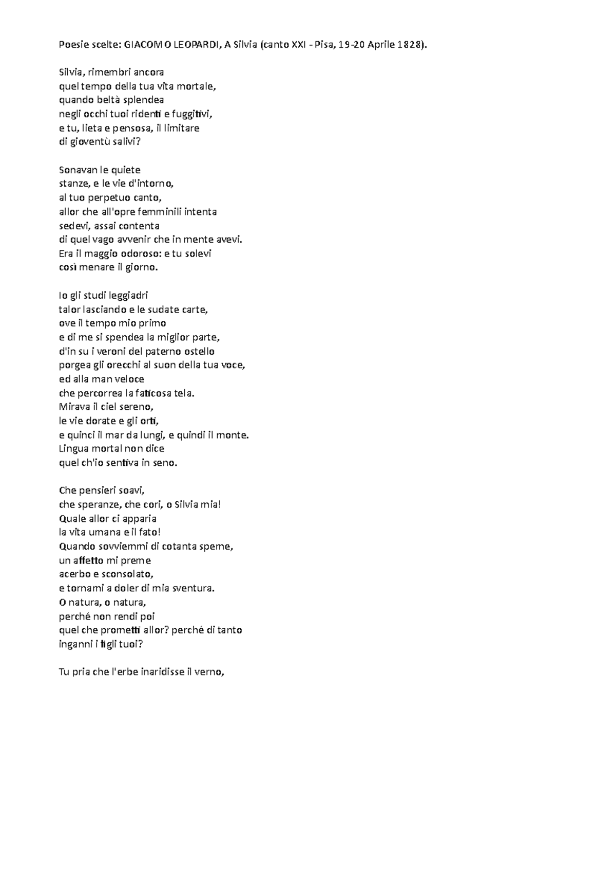 A Silvia - ........... - Poesie scelte: GIACOMO LEOPARDI, A Silvia ...