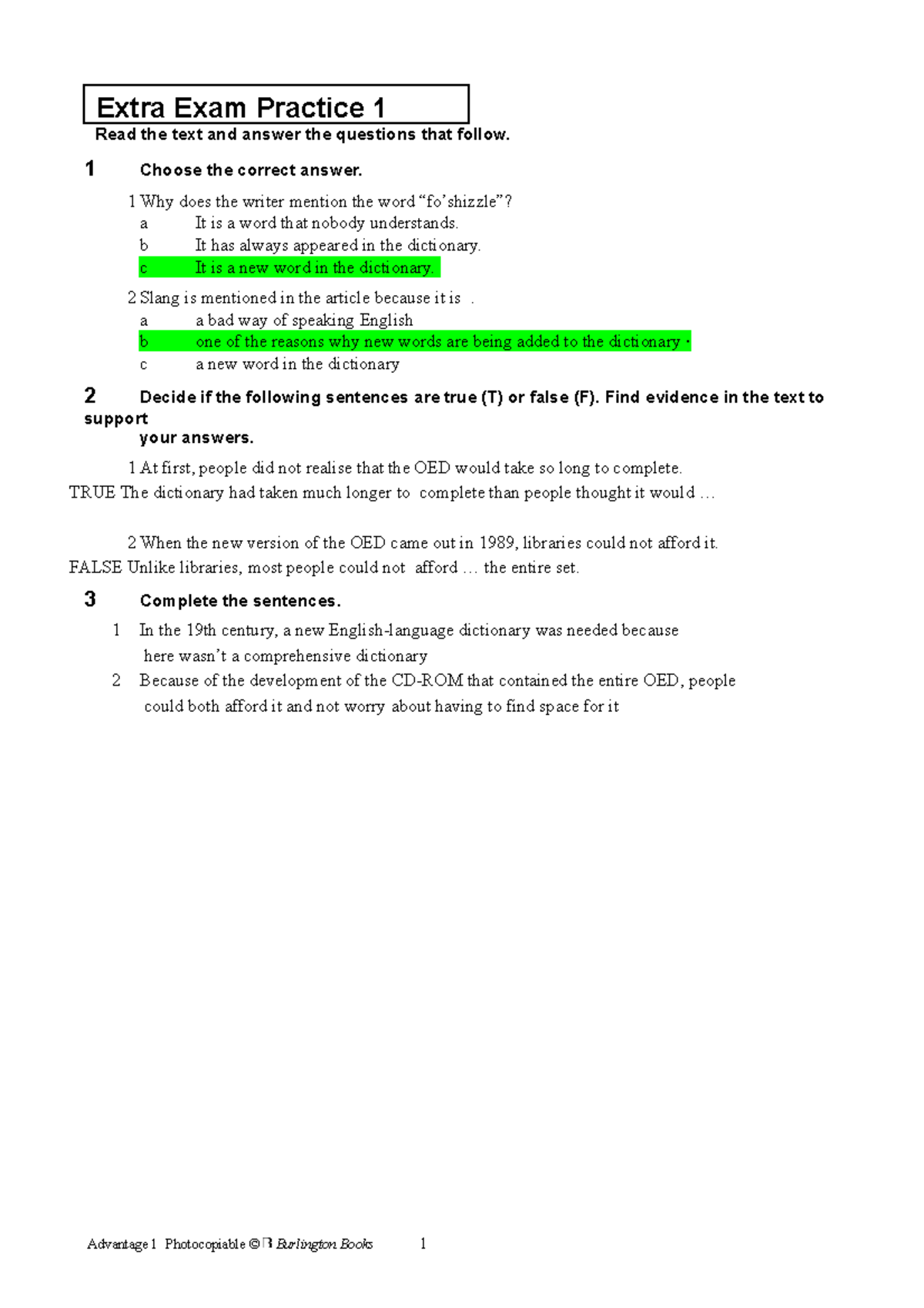 01Advantage 1 Extra Exam Prac 1-1 - Extra Exam Practice 1 Read the text and answer the questions ...