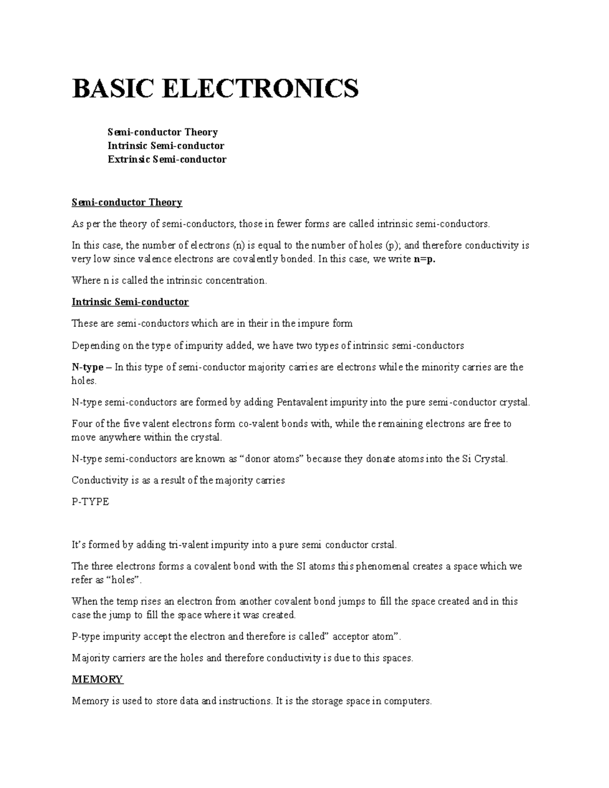 Basic Electronics - BASIC ELECTRONICS Semi-conductor Theory Intrinsic ...