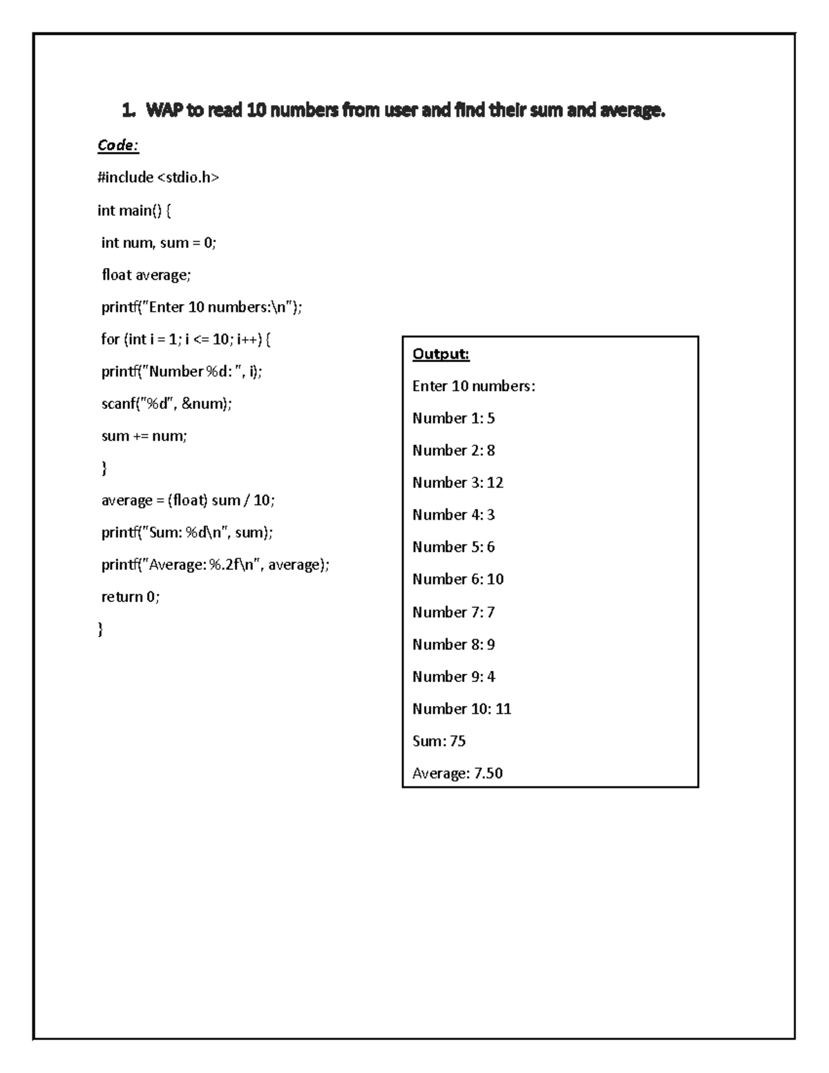 Sohan lab sheet 5 - #include int main() { int num, sum = 0; 昀氀oat average; - Studocu