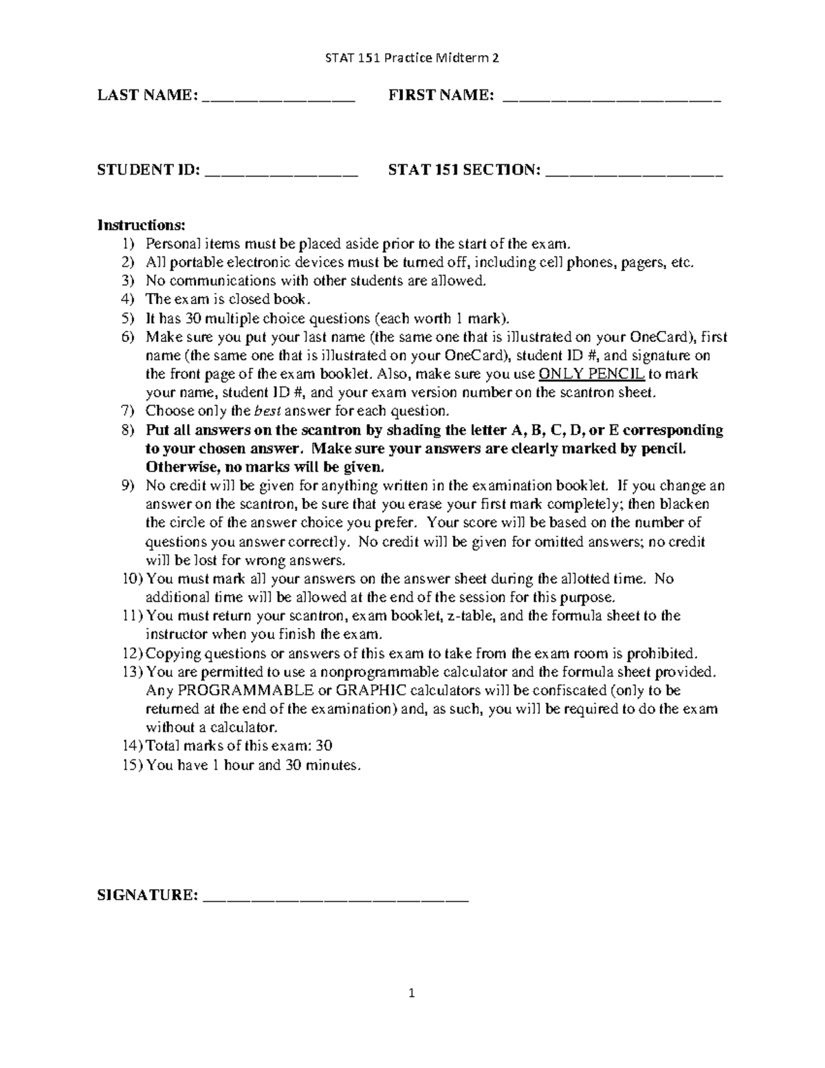 Practice Midterm 2 with Answers - STAT 151 Practice Midterm 2 LAST NAME ...