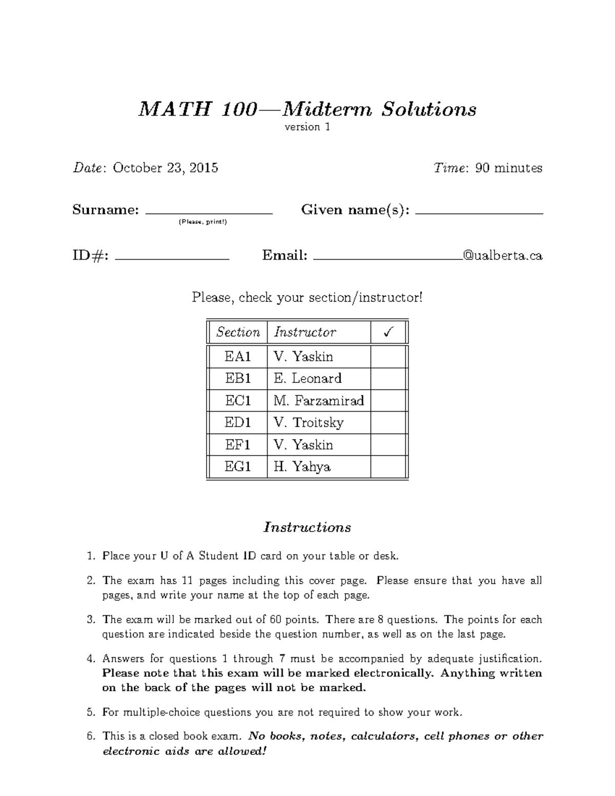 M100f2015 midterm solutions - MATH 100—Midterm Solutions version 1 Date ...