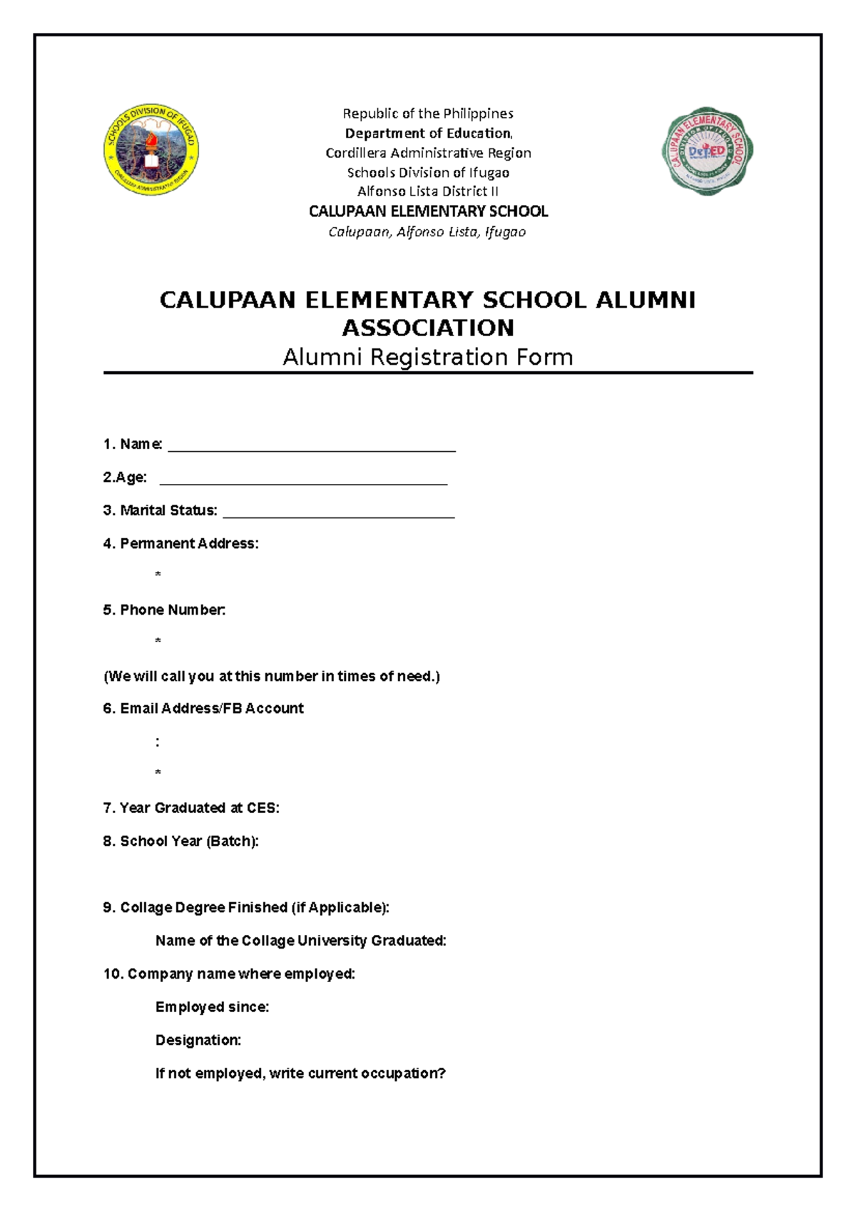 Reg form - alumni registration form - Republic of the Philippines ...