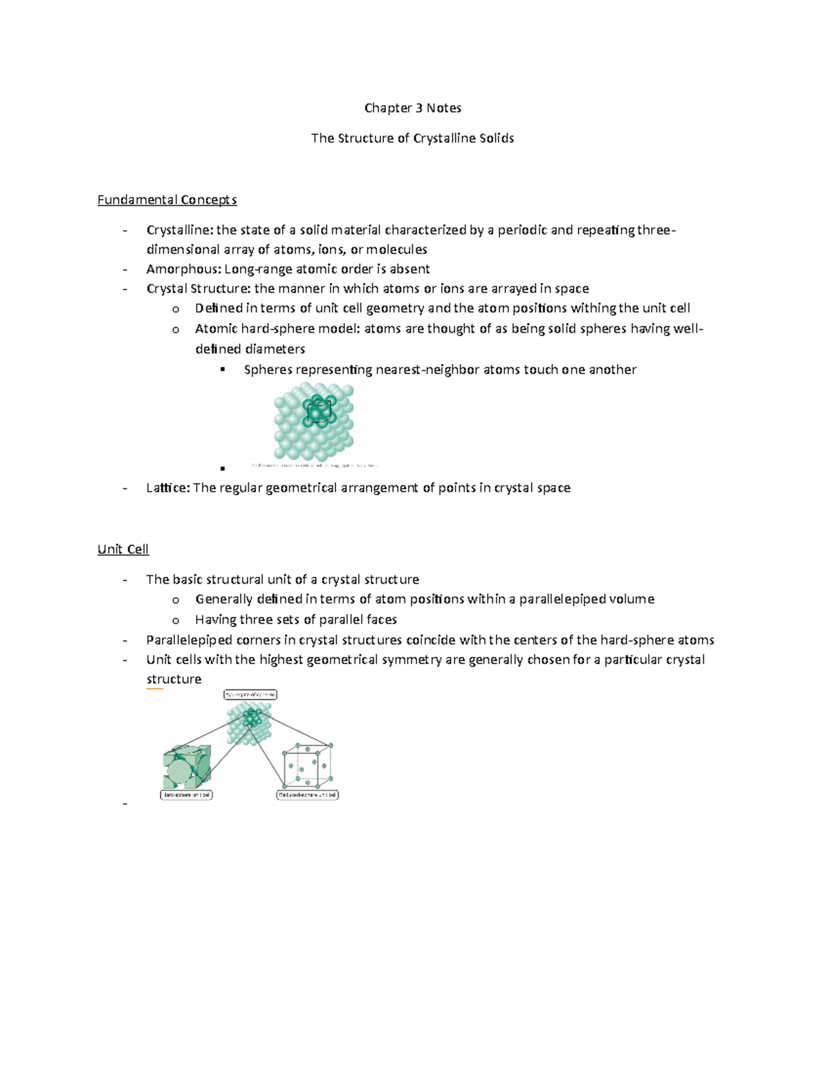 Ch 3 Notes - Chapter 3 Notes The Structure of Crystalline Solids ...