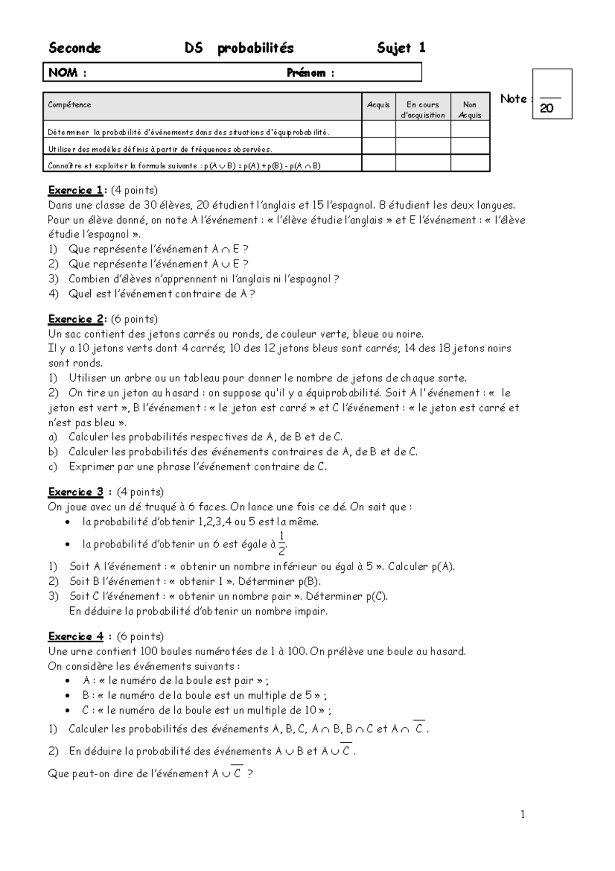 Proba - Seconde DS probabilités Sujet 1 NOM : Prénom : Compétence Acquis En cours d·acquisition ...