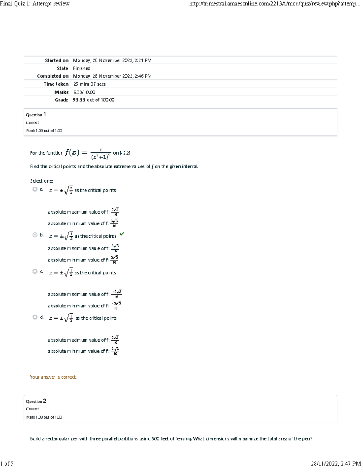 Calculus 2 Finals QUIZ 1 - Started on Monday, 28 November 2022, 2:21 PM State Finished Completed ...