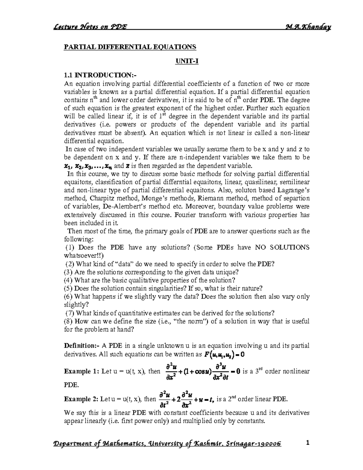 PDE chapter 1 - Bsc mathematics - - Studocu