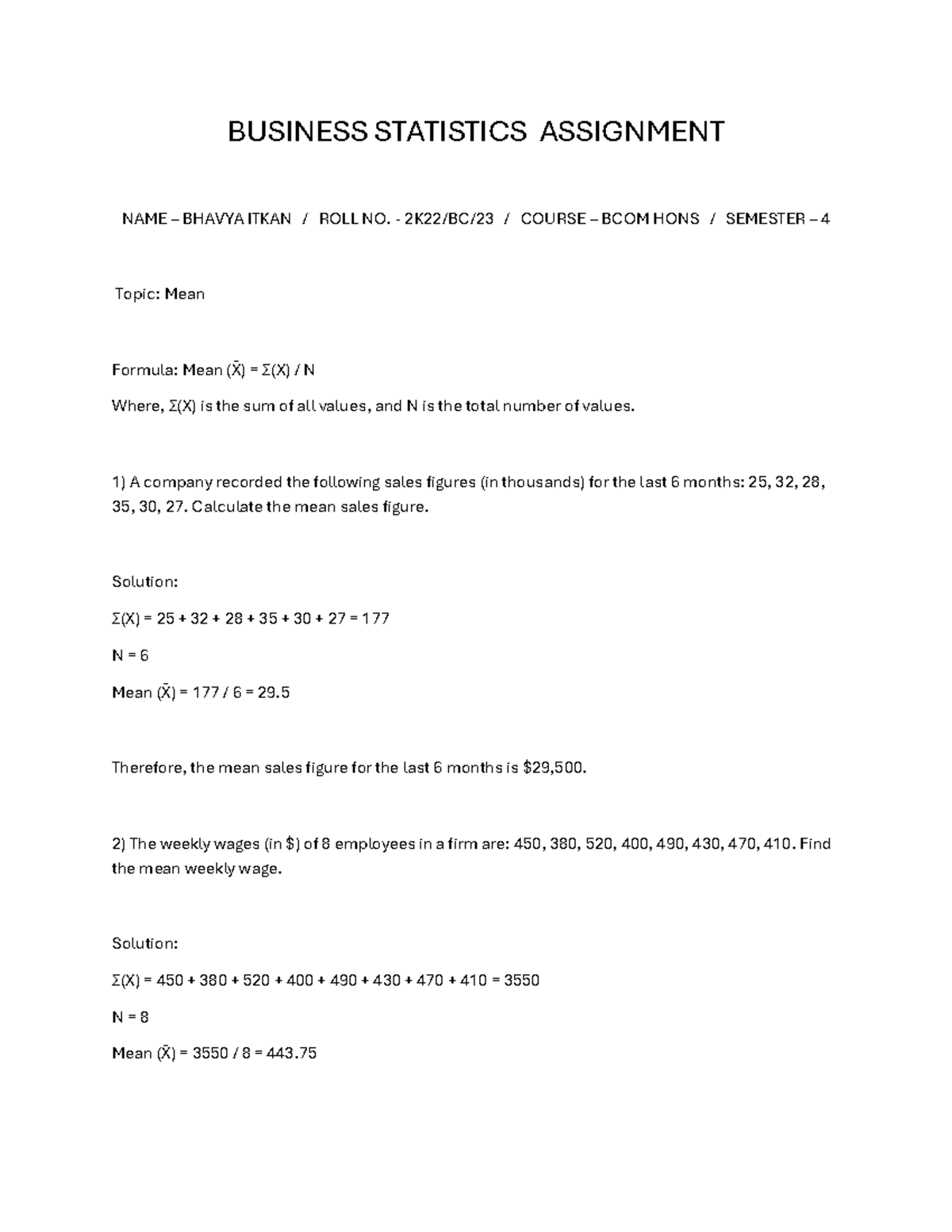 Business Statistics questions - BUSINESS STATISTICS ASSIGNMENT NAME ...