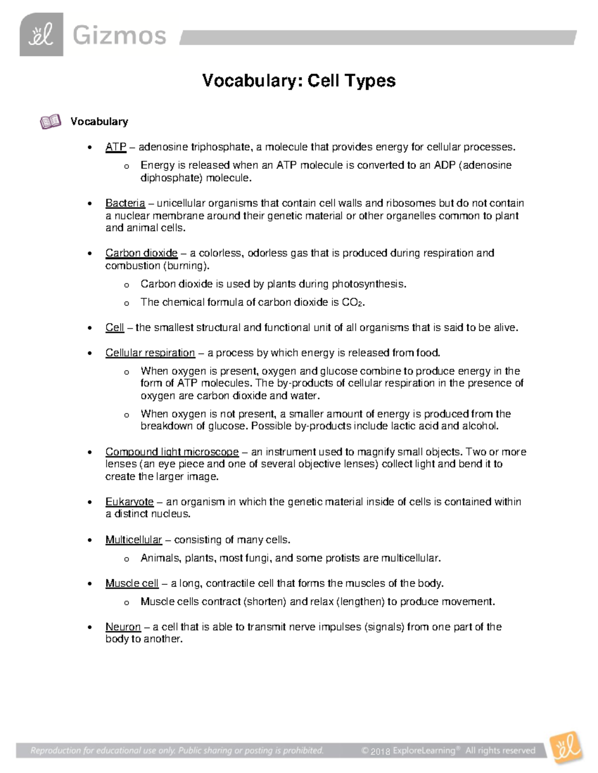 Vocab list- Cell Types Gizmo - 2018 Vocabulary: Cell Types Vocabulary ...