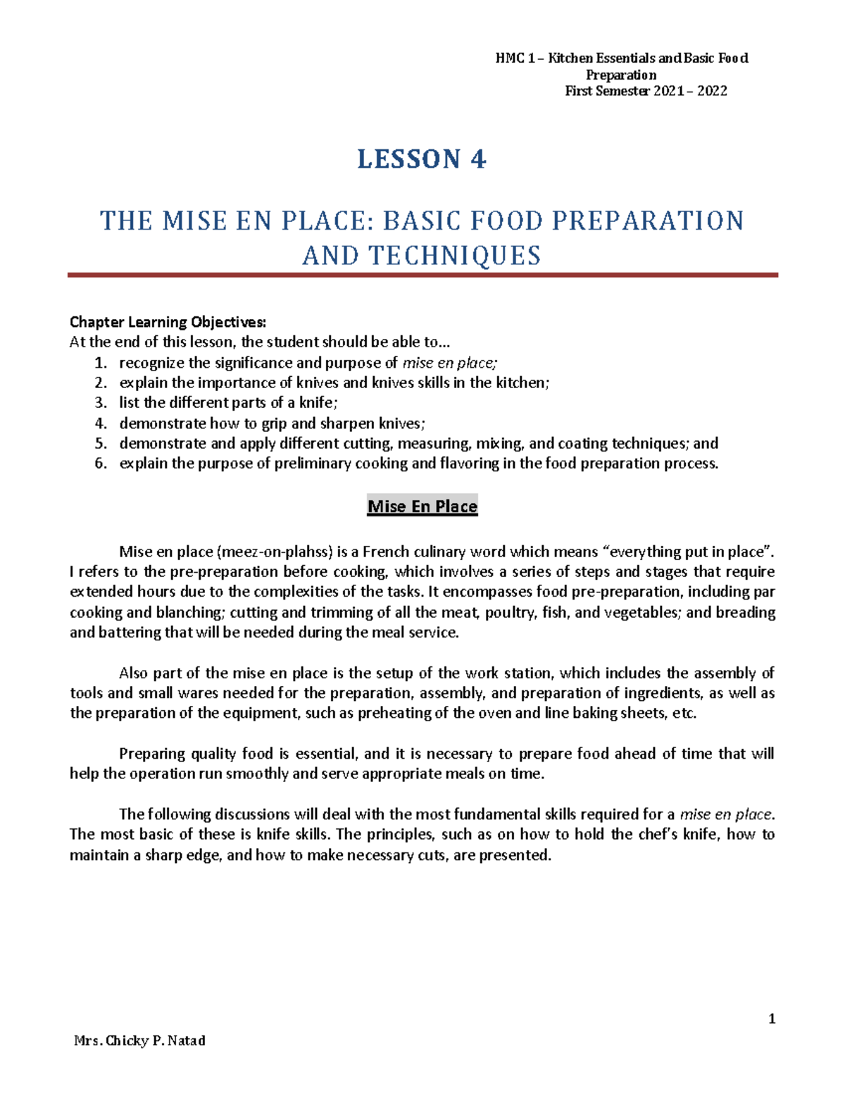 Lesson 4-The Mise en Place - Preparation First Semester 2021 – 2022 1 ...