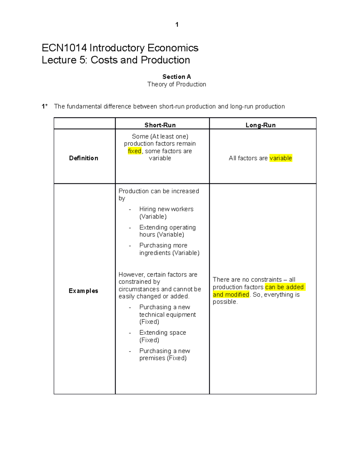 Chapter 4 Handout - Production - 1 ECN1014 Introductory Economics ...