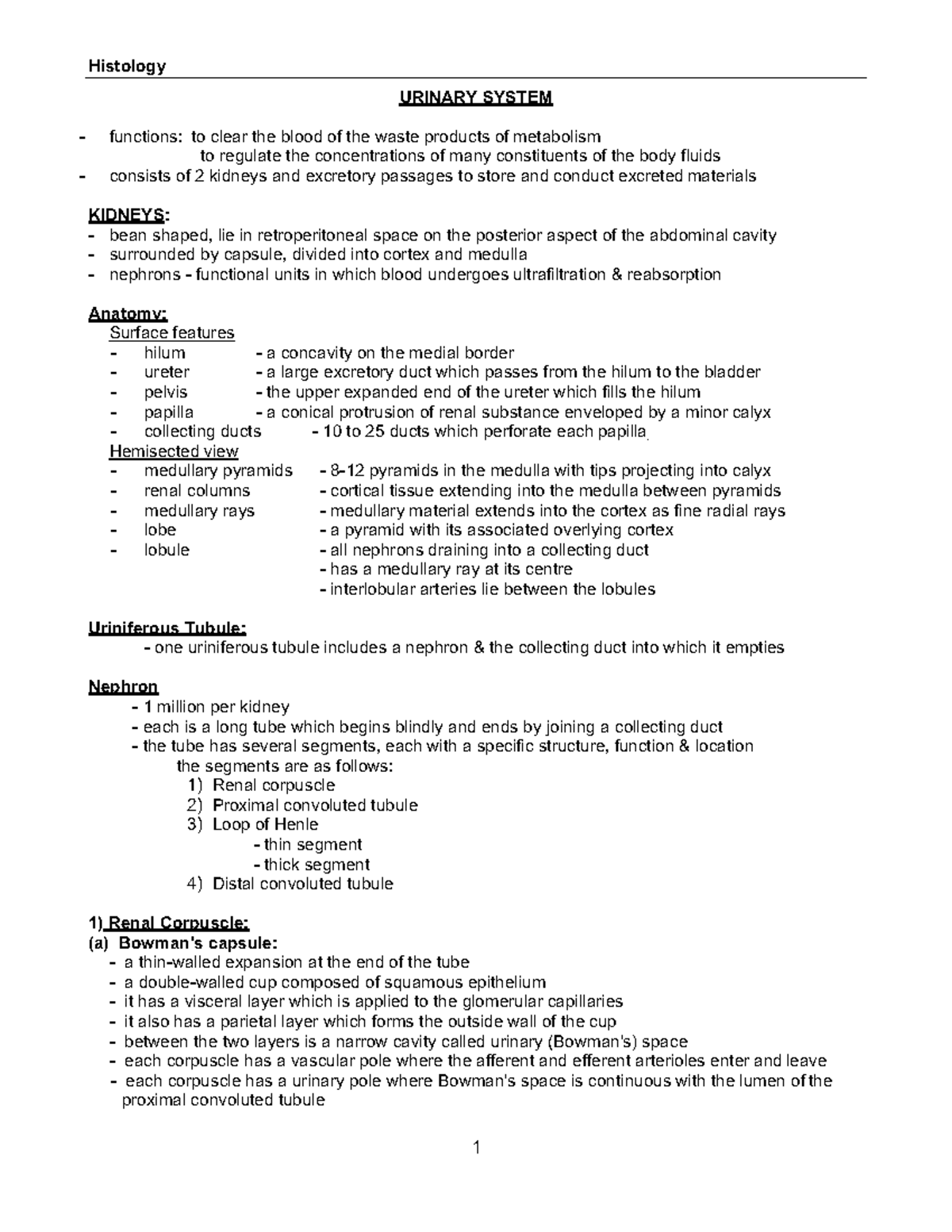 kidney summary notes - Histology 1 URINARY SYSTEM functions: to clear ...