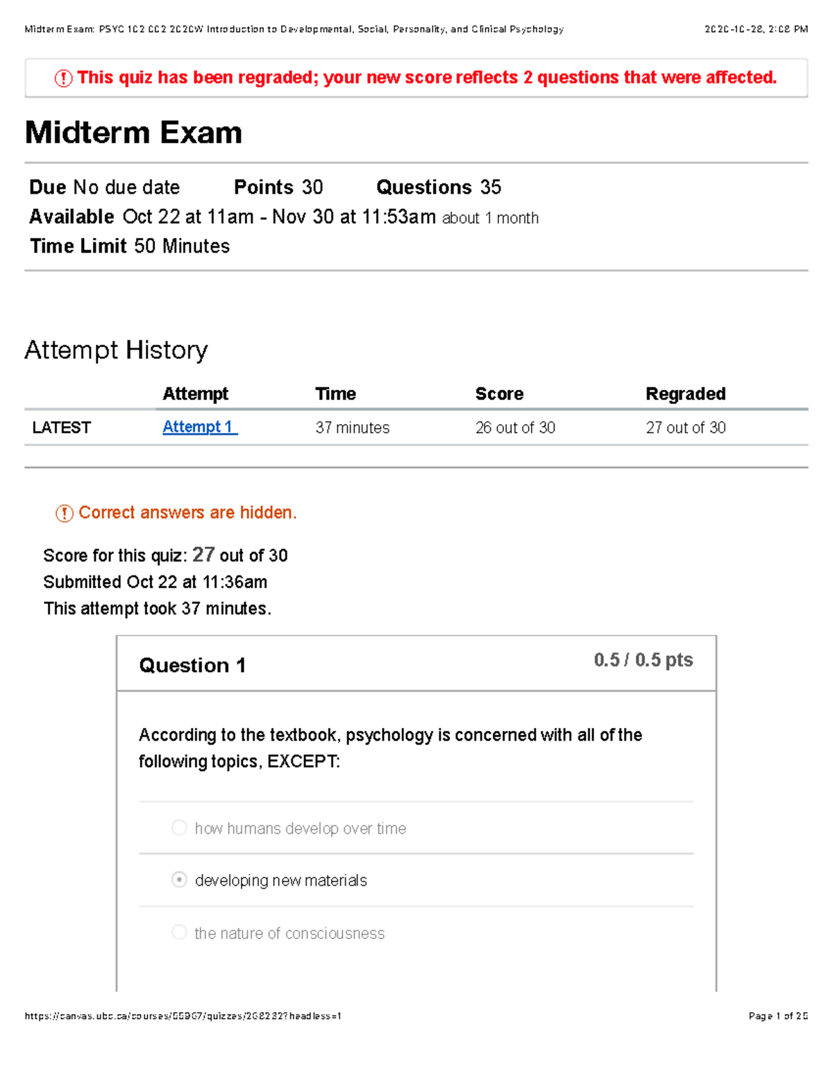 Midterm Exam: PSYC 102 002 2020W Introduction to Developmental, Social ...