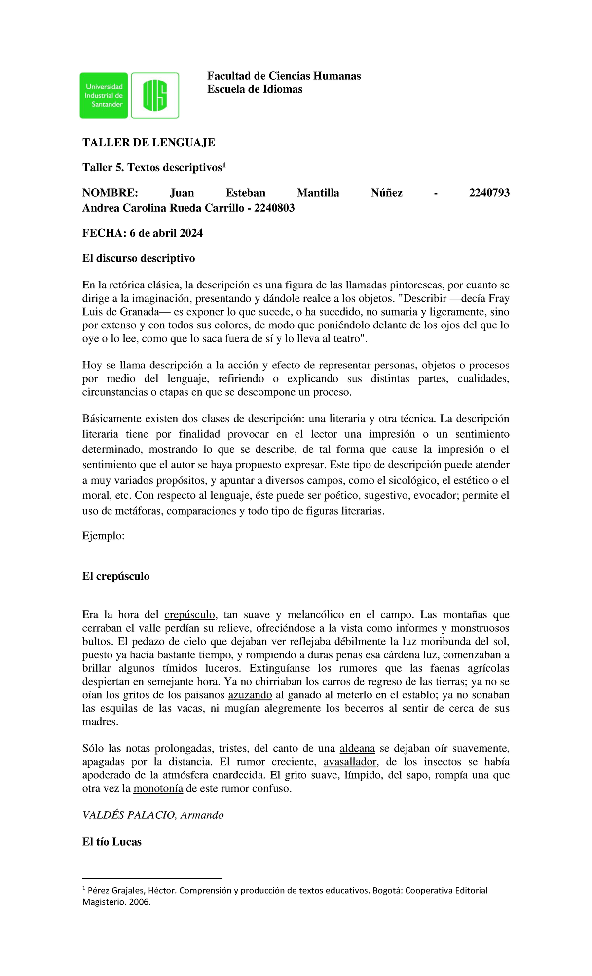 Taller 5. El discurso descriptivo 1 - Facultad de Ciencias Humanas ...