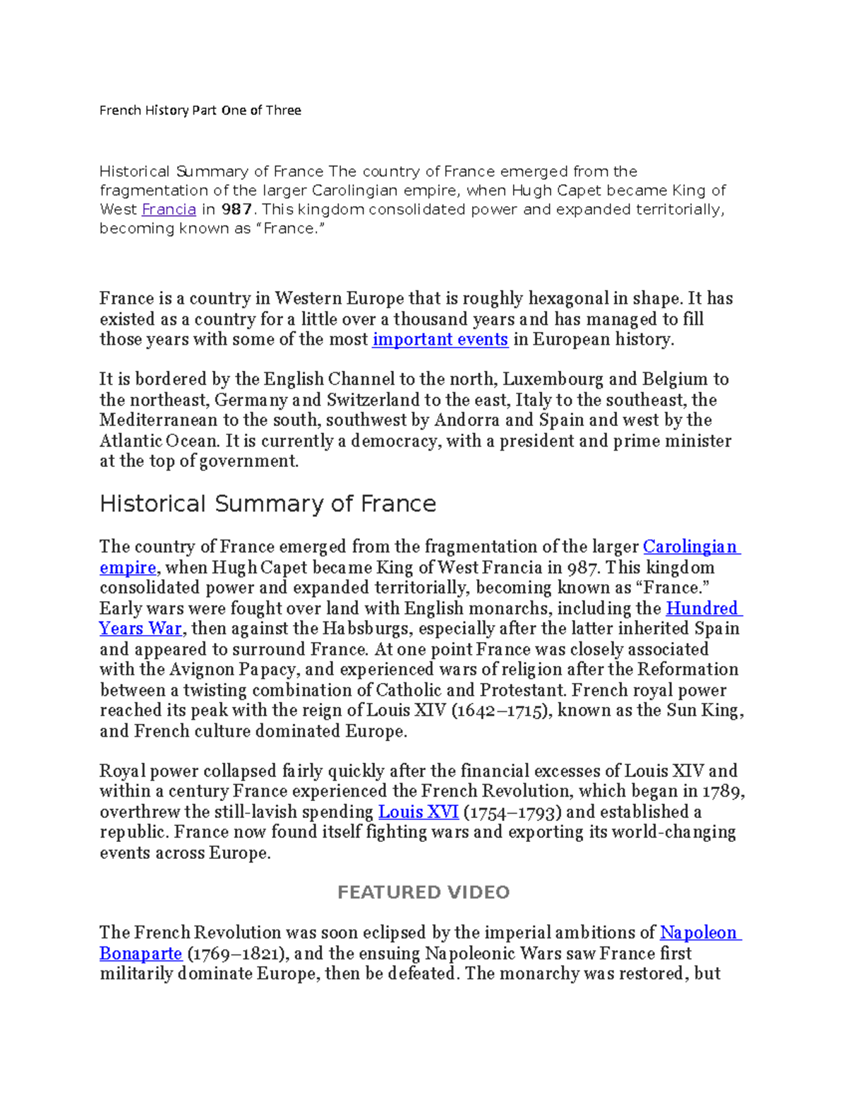 French part one - French History Part One of Three Historical Summary ...