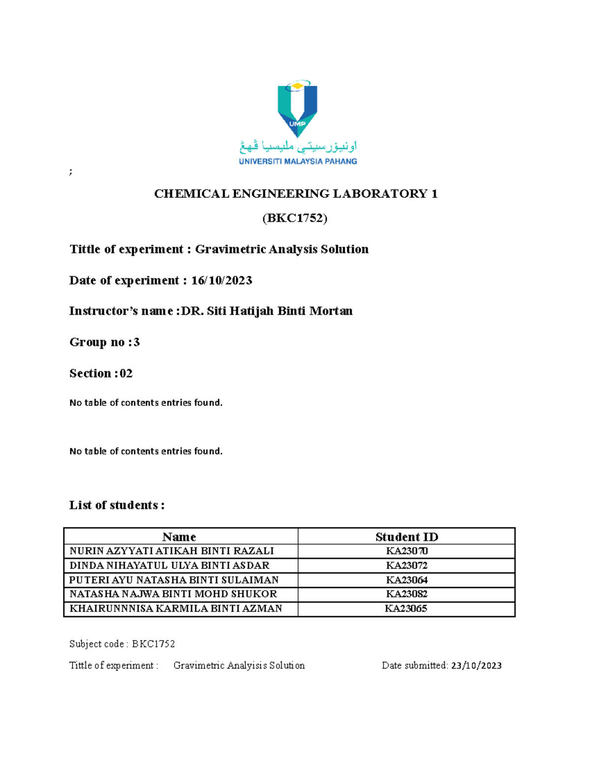 BKC1752 lab 1 - lab chemE - ; CHEMICAL ENGINEERING LABORATORY 1 ...