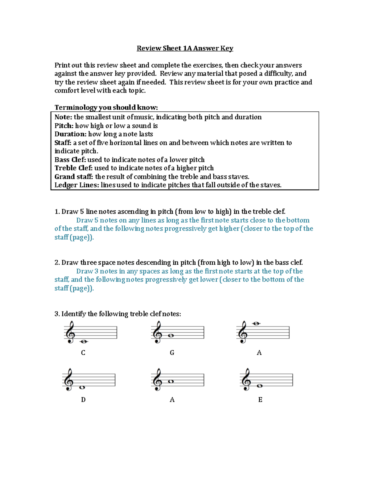 Review Sheet 1A Answer Key - Mus 101.3 - U of S - Studocu