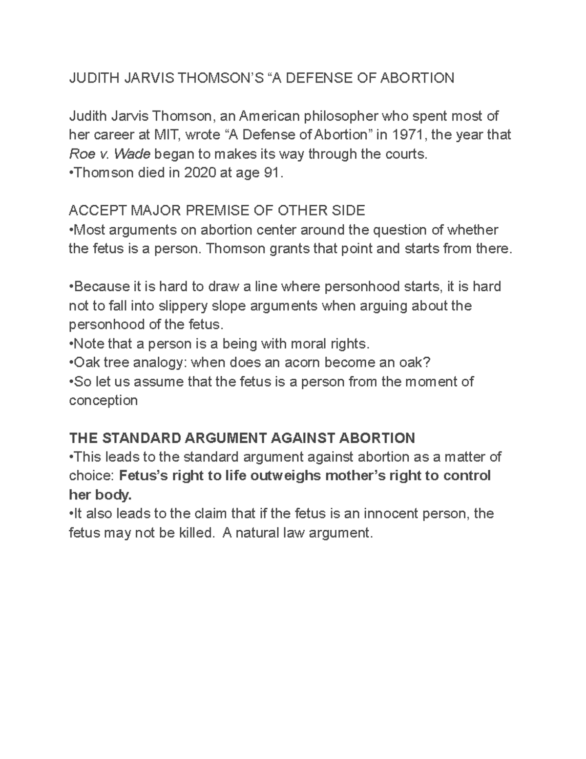 1abortion ethics - JUDITH JARVIS THOMSON’S “A DEFENSE OF ABORTION ...