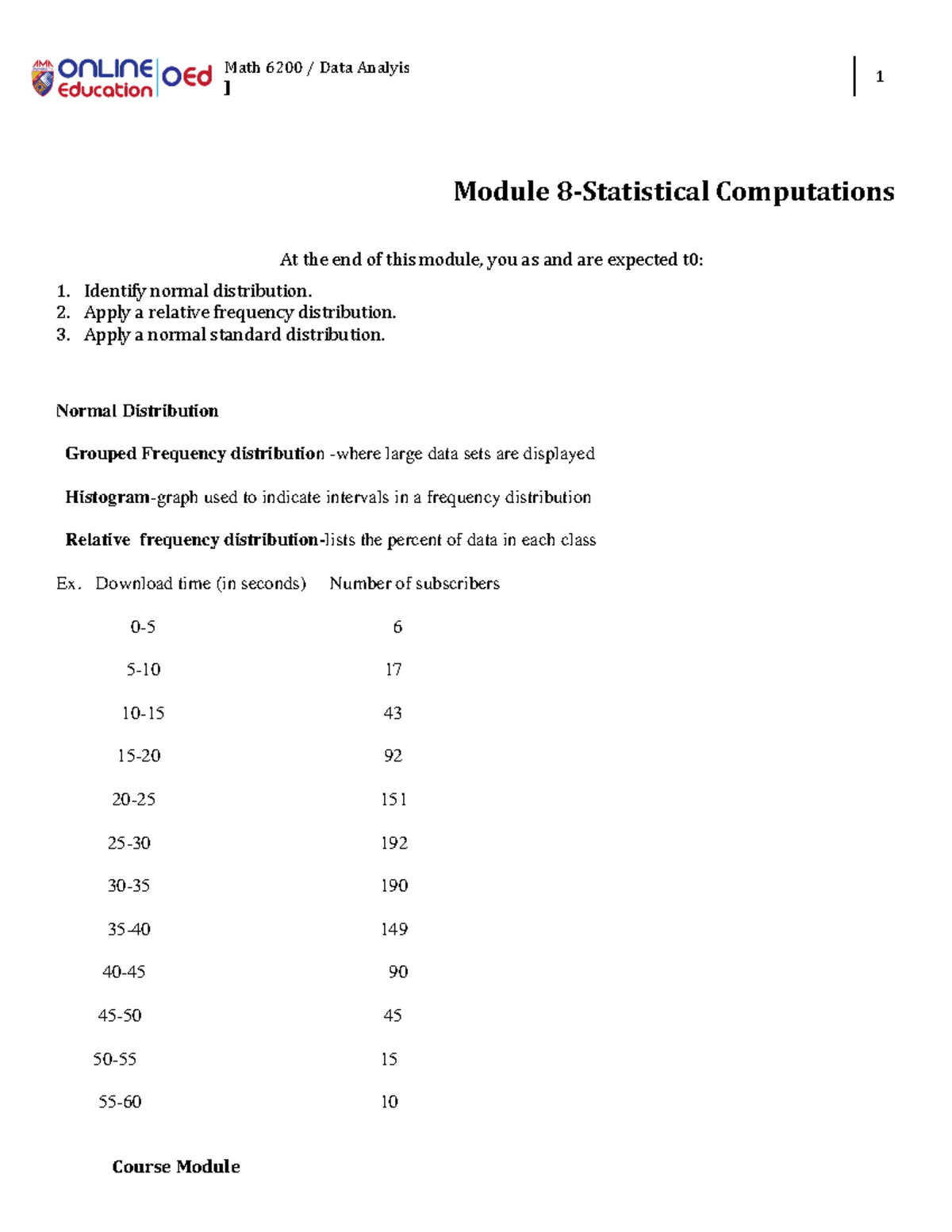 Week 8 - Statistical Computations - Math 6200 / Data Analyis ] 1 Course Module Module 8 ...