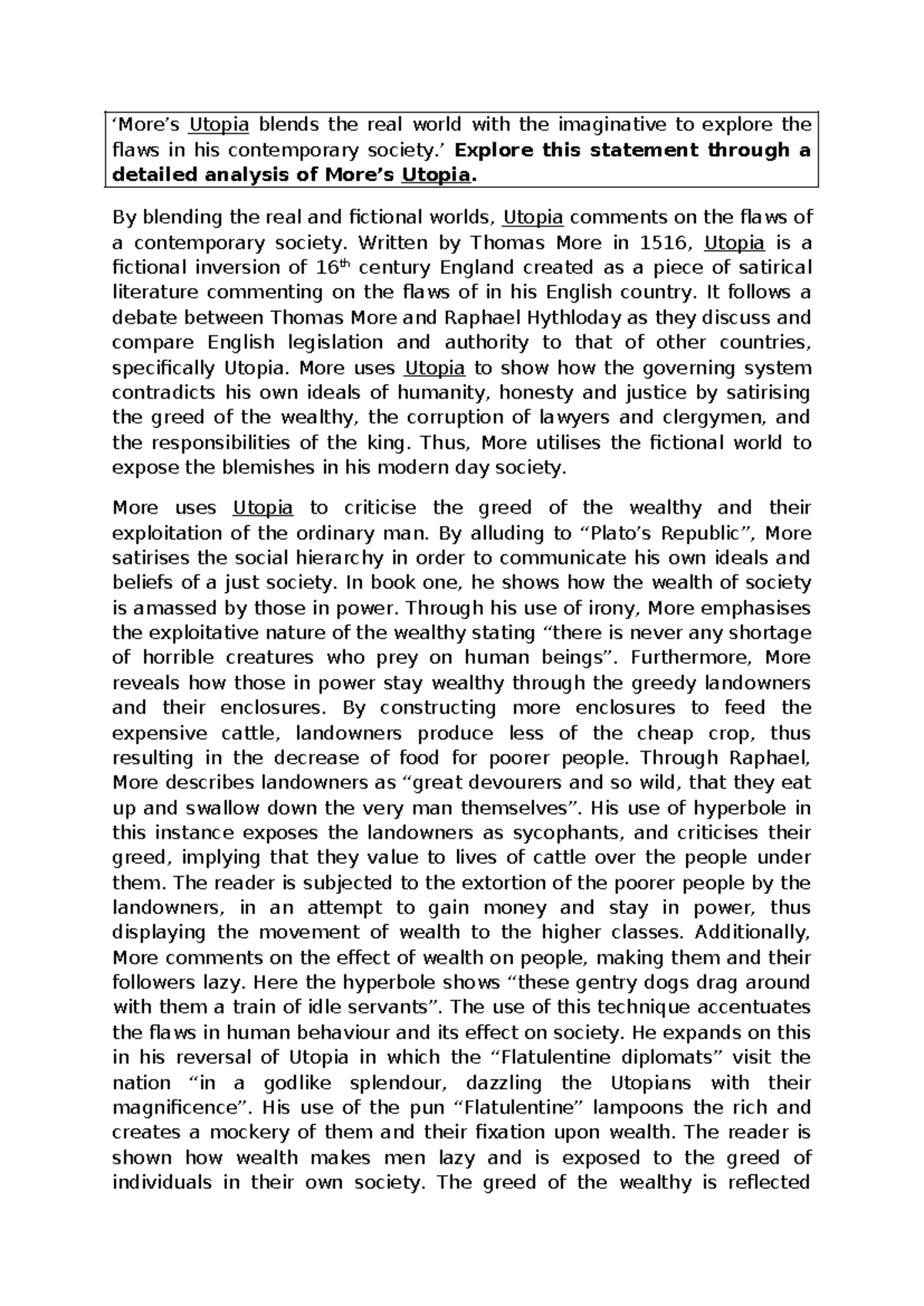 Utopia Practice 1 - Year 11 Dystopia Topic - ‘More’s Utopia blends the ...