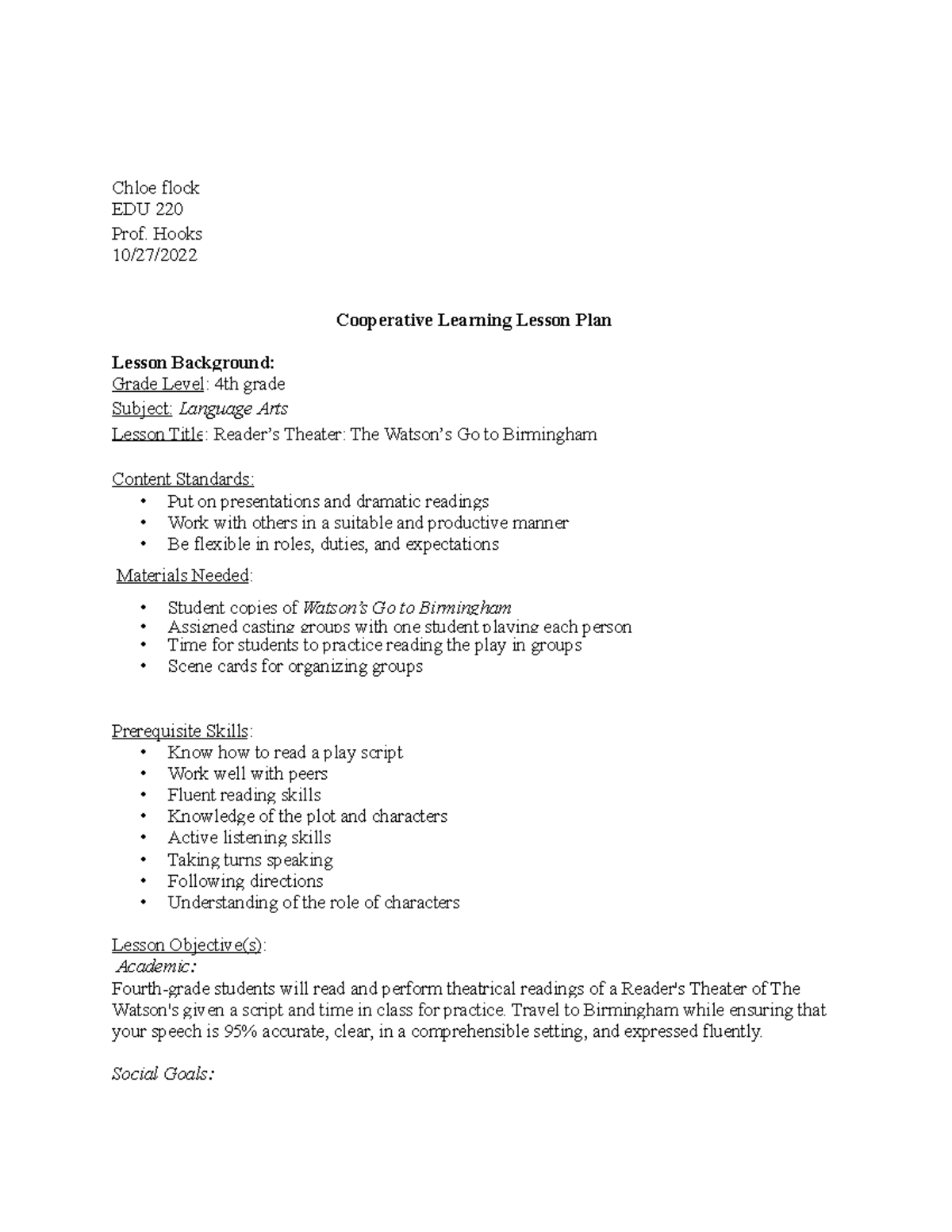 Cooperative Learning Lesson Plan - Chloe flock EDU 220 Prof. Hooks 10 ...