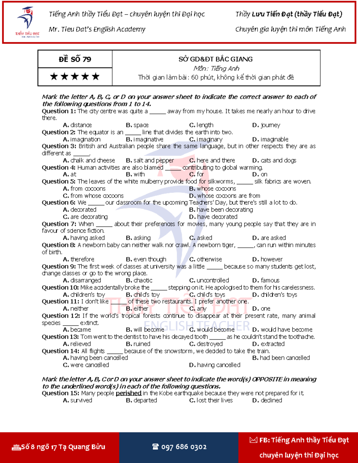 ĐỀ SỐ 79 - huong dan hoc tieng anh - Mr. Tieu Dat’s English Academy ChuyÍn gia luyện thi mÙn ...