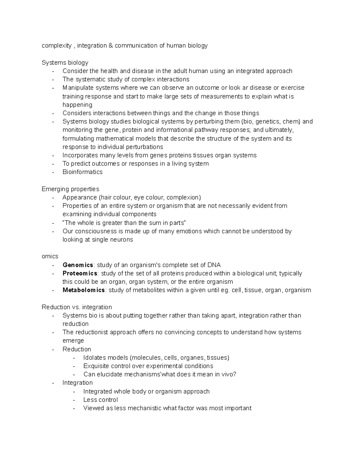 BIOL lecture 1 part a - complexity , integration & communication of human biology Systems - Studocu