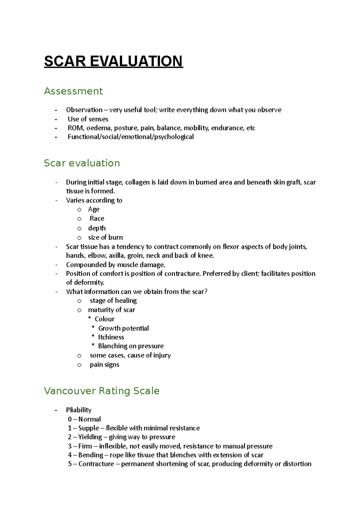 Scar Evaluation summary notes - SCAR EVALUATION Assessment Observation ...