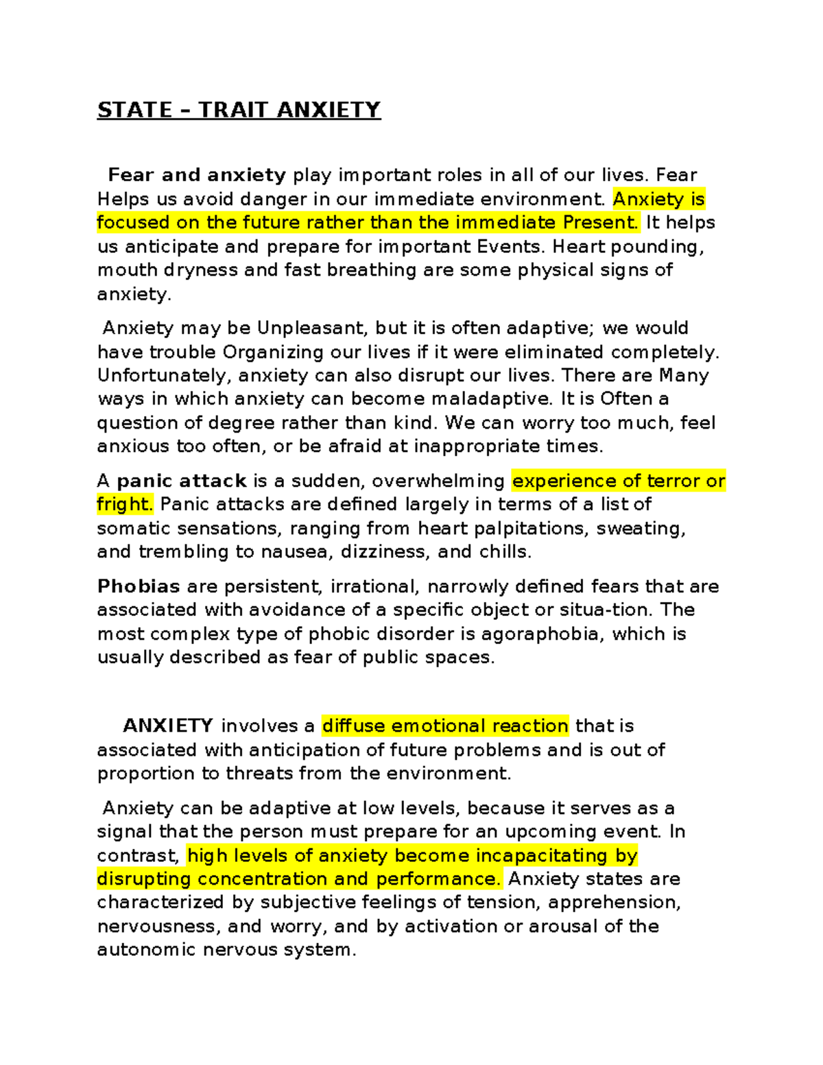 Anxietyak - Anxiety - STATE – TRAIT ANXIETY Fear and anxiety play ...
