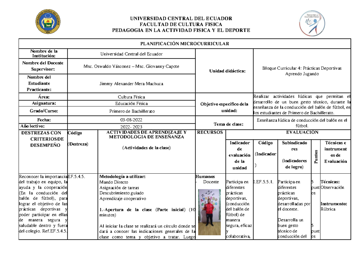 669602286 Planificacion Practicas Deportivas - UNIVERSIDAD CENTRAL DEL ECUADOR FACULTAD DE ...