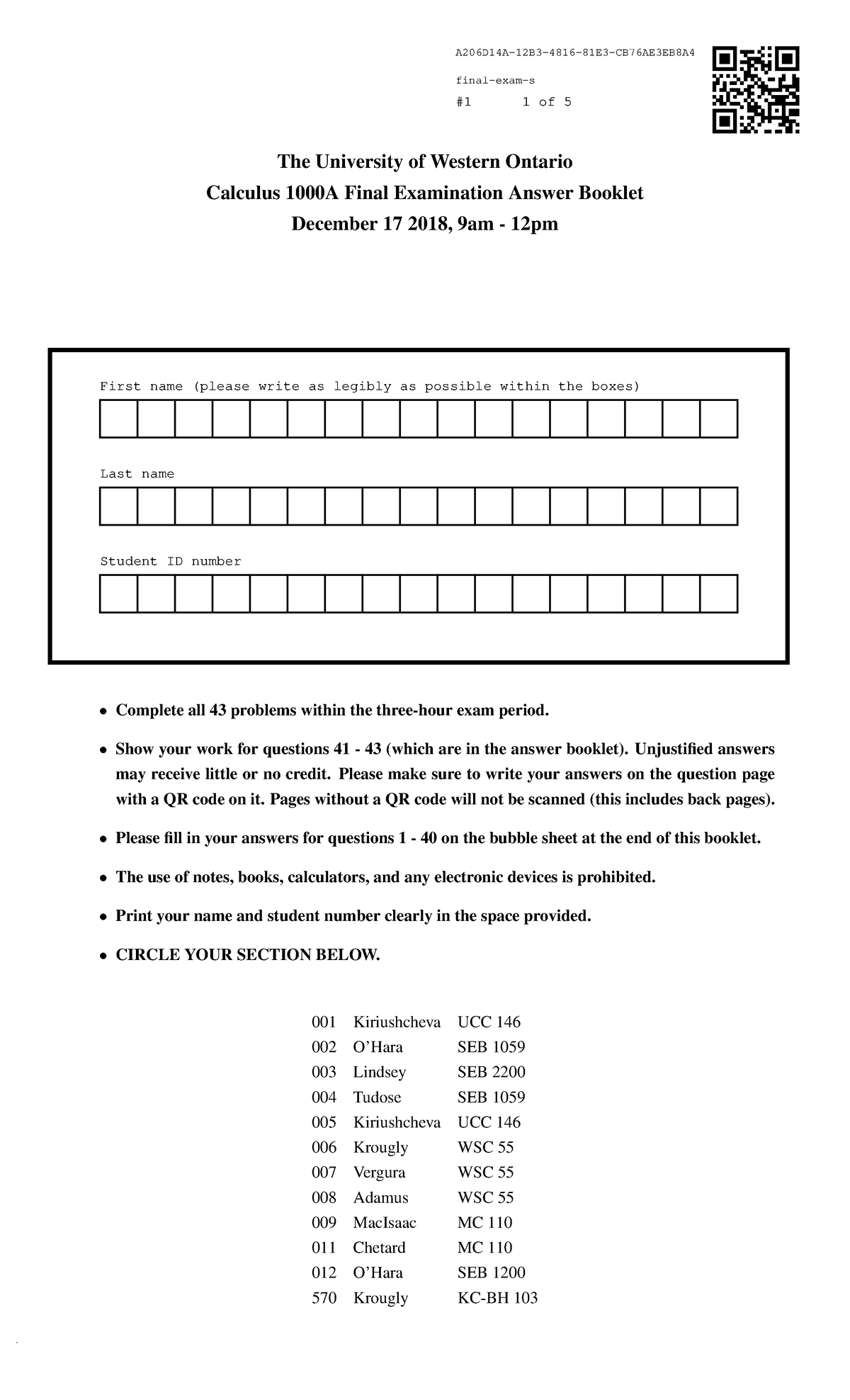 Calculus 1000A Final exam booklet 2 2018 Exams Vb V V The calculus-1000a-final-exam-booklet-2-2018-exams-vb-v-v-the
