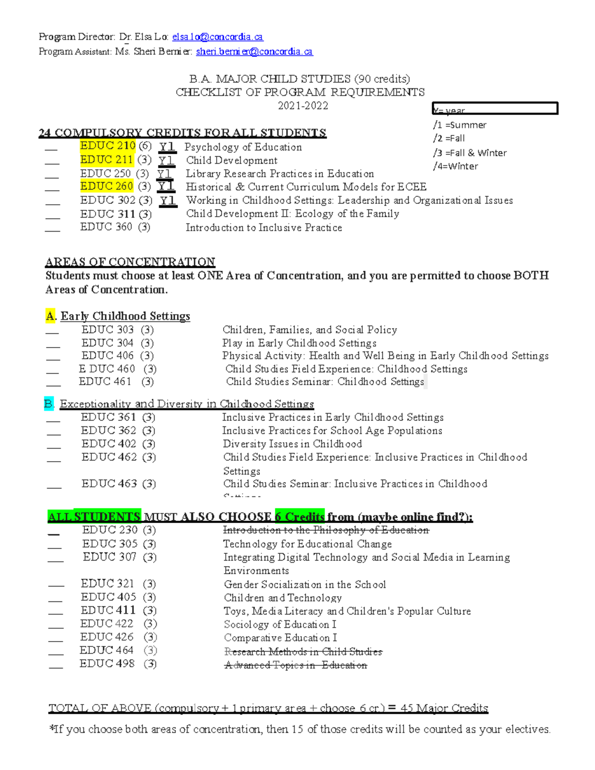 BA Child Studies Checklist 2021-2022 - Program Director: Dr. Elsa Lo ...