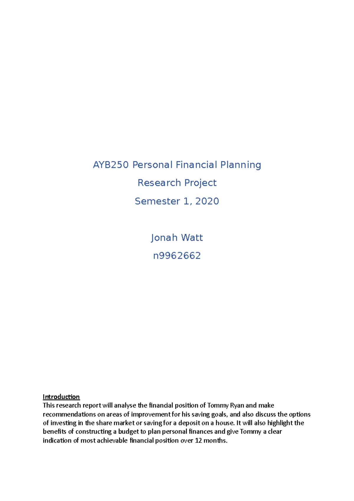 AYB250 Financial planning report - AYB250 Personal Financial Planning ...