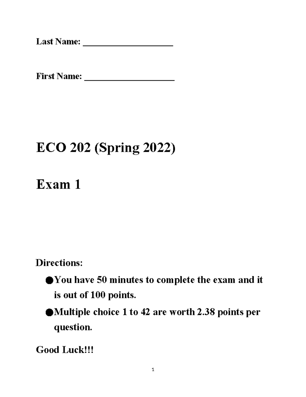7.0. Exam 1 - ECO 202 - Spring 2022 (Q) (with answers in the back ...