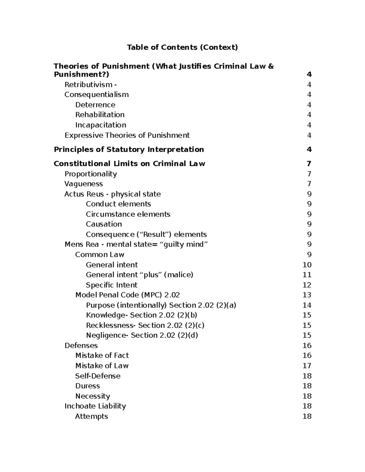 Criminal Law Outline - Table of Contents (Context) Theories of ...