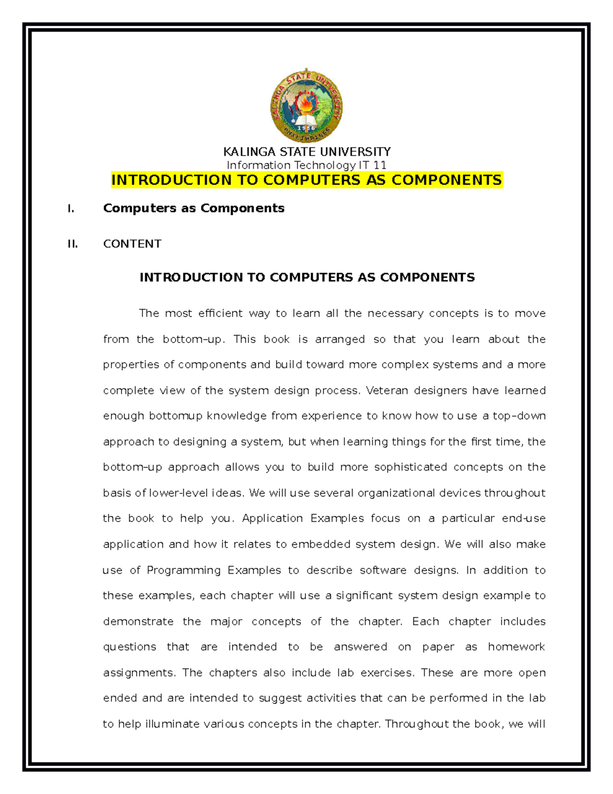Introduction TO Computers AS Components - KALINGA STATE UNIVERSITY ...