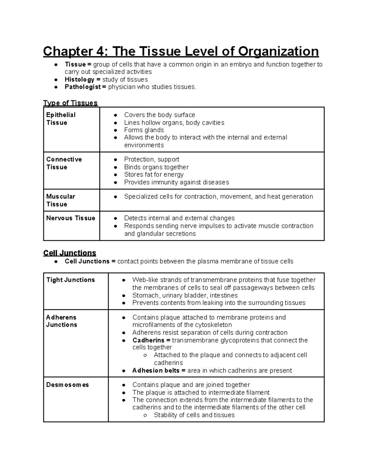 Anatomy: chapter 4 notes - Chapter 4: The Tissue Level of Organization ...