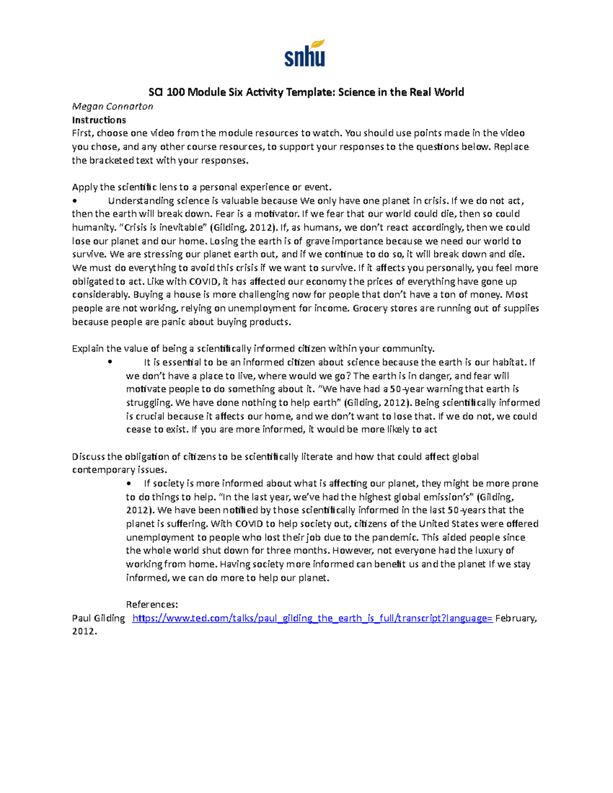 6-1 - Week 6 assignment. - SCI 100 Module Six Activity Template ...