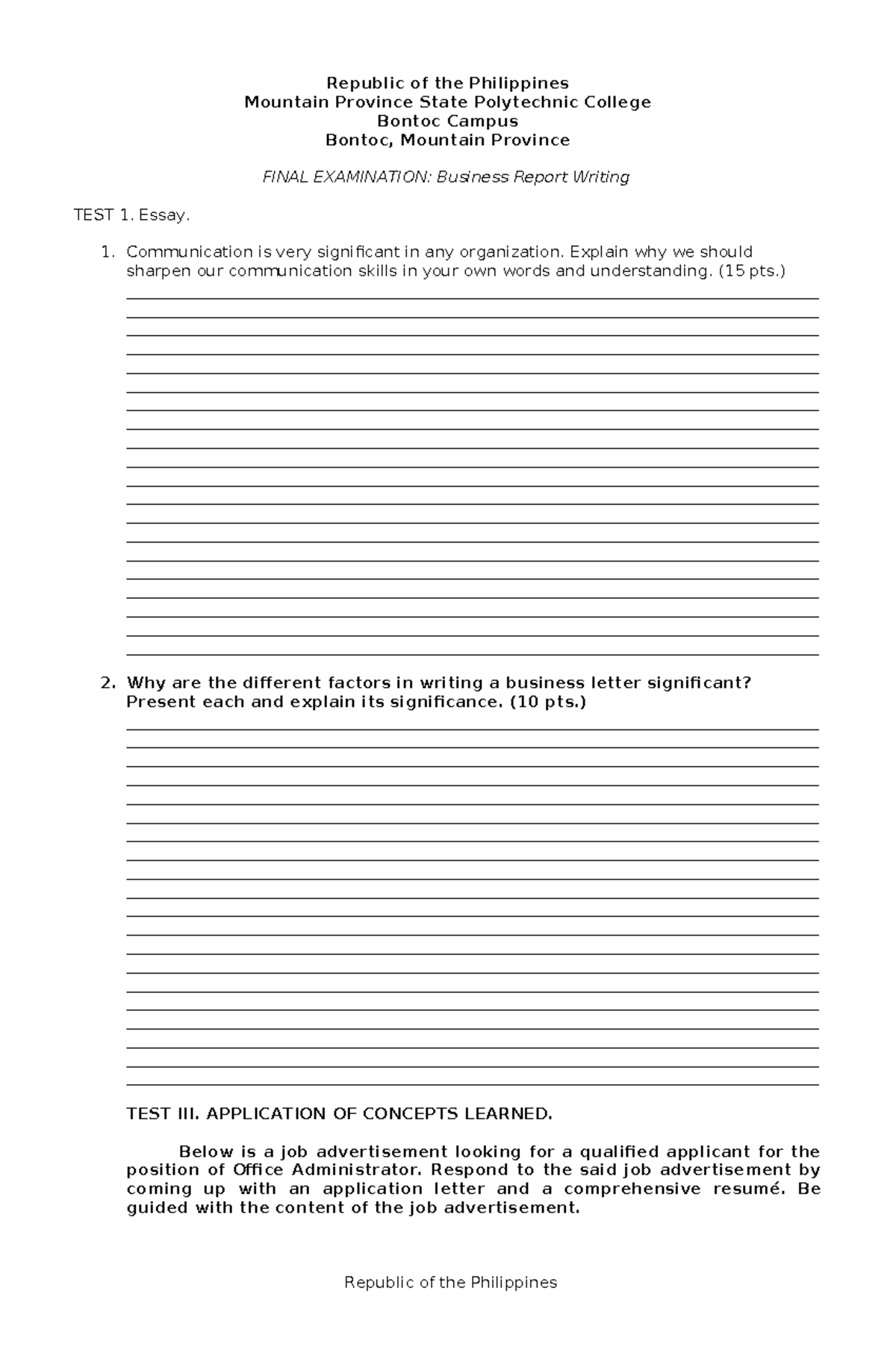 Business Report Writing Final EXAM - Republic of the Philippines ...