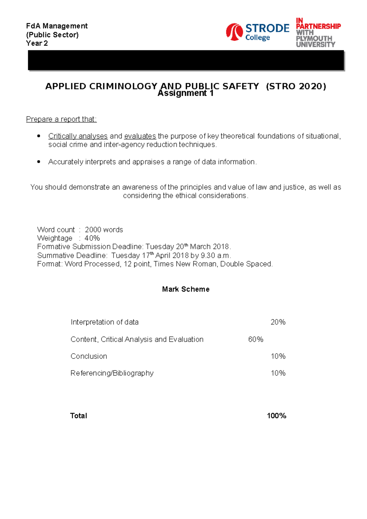 Fd A Management - STRO2020 Assignment Brief 1 - FdA Management (Public ...