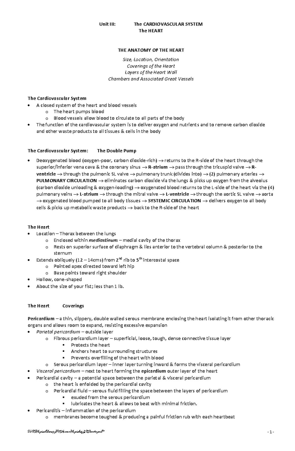 CV system Lec notes 2020 - Unit III: The CARDIOVASCULAR SYSTEM The ...