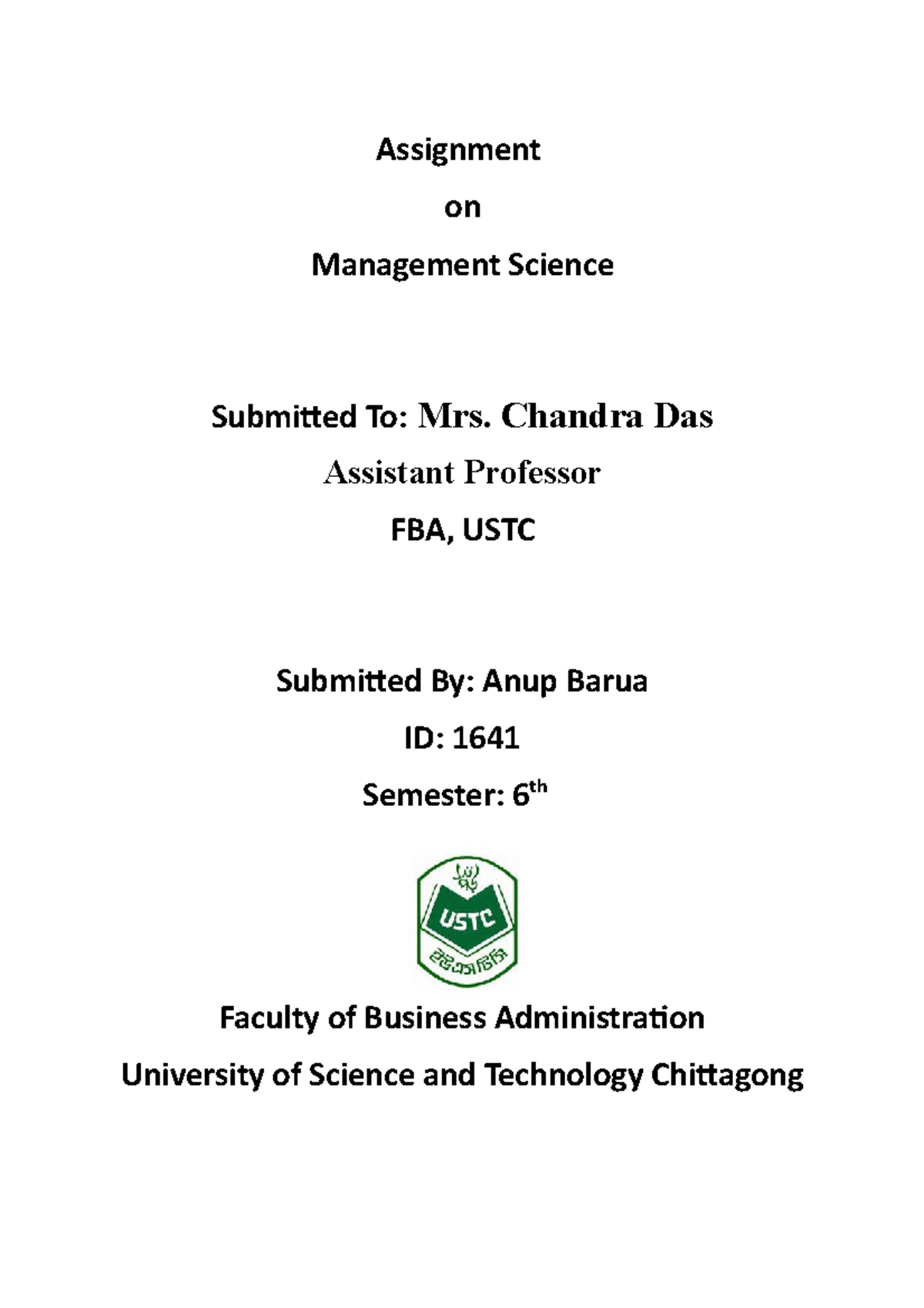 1641 - Marketing Management - Assignment on Management Science ...