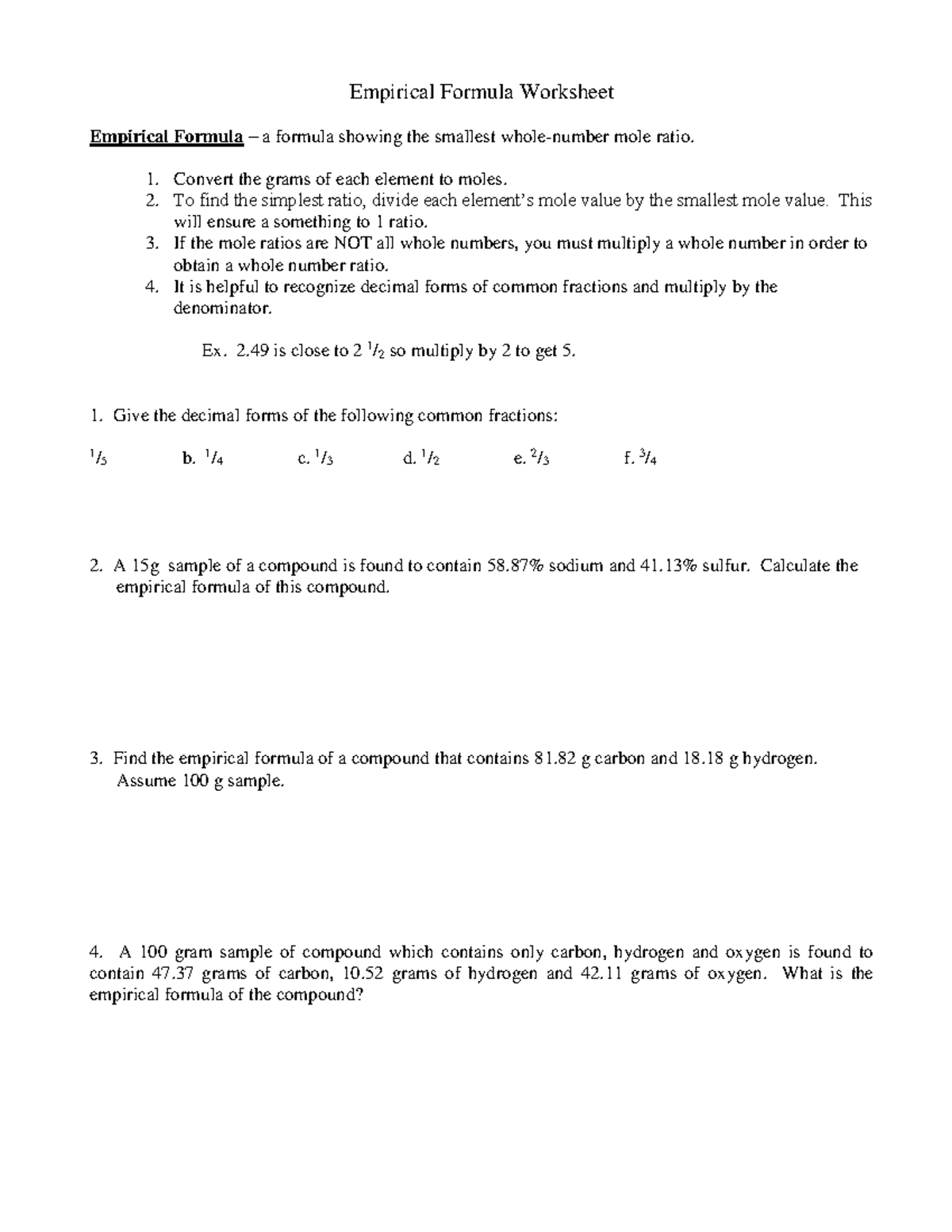 Empirical Formula Practice - Empirical Formula Worksheet Empirical ...
