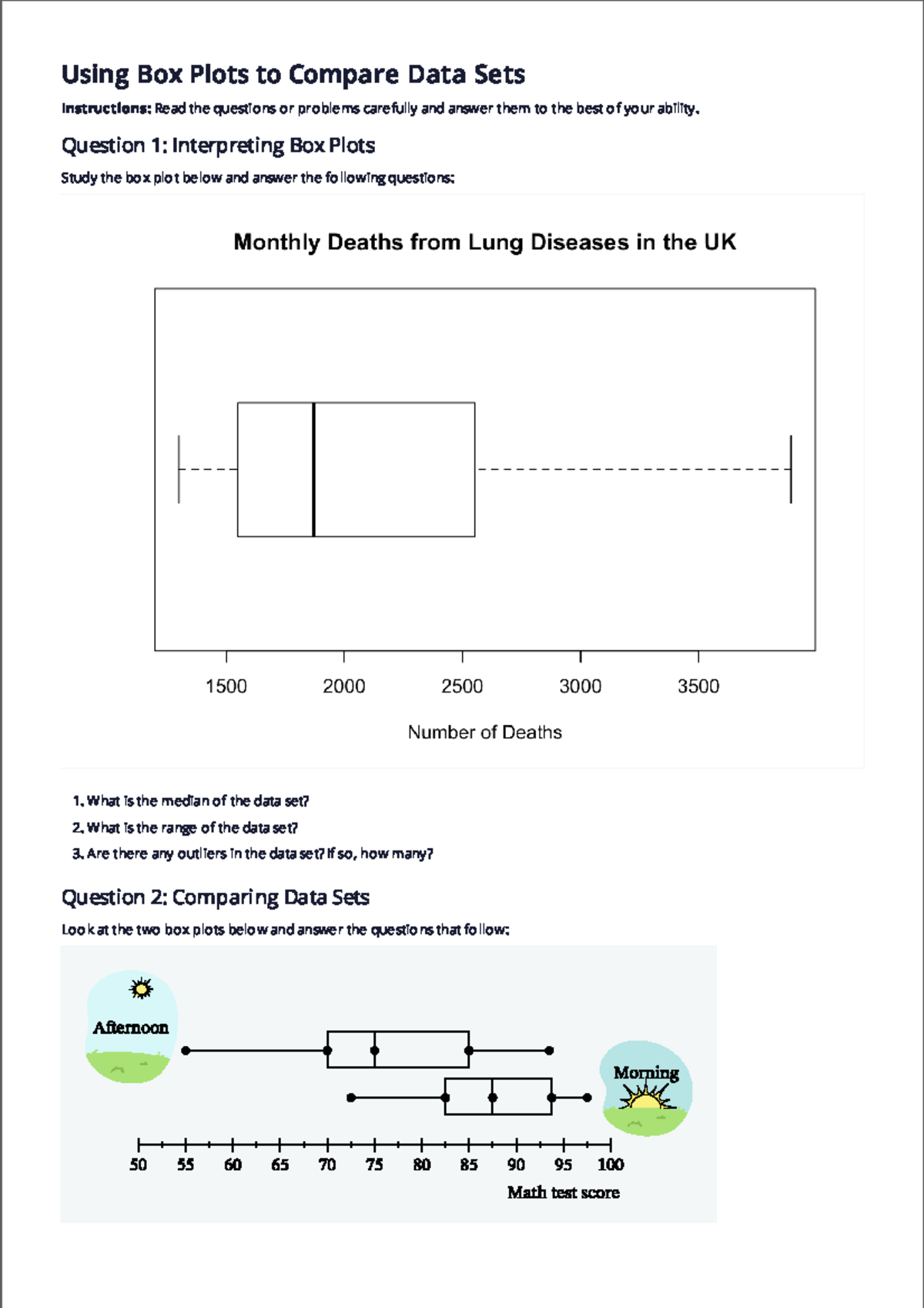 Box and Wiskers Worksheet - Using Box Plots to Compare Data Sets ...