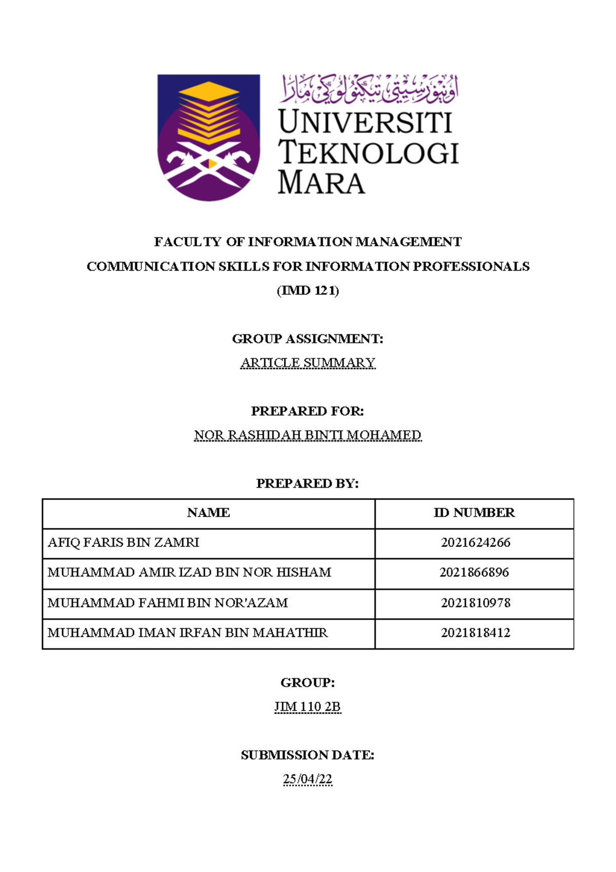 Article Summary IMD123 - FACULTY OF INFORMATION MANAGEMENT COMMUNICATION SKILLS FOR INFORMATION ...