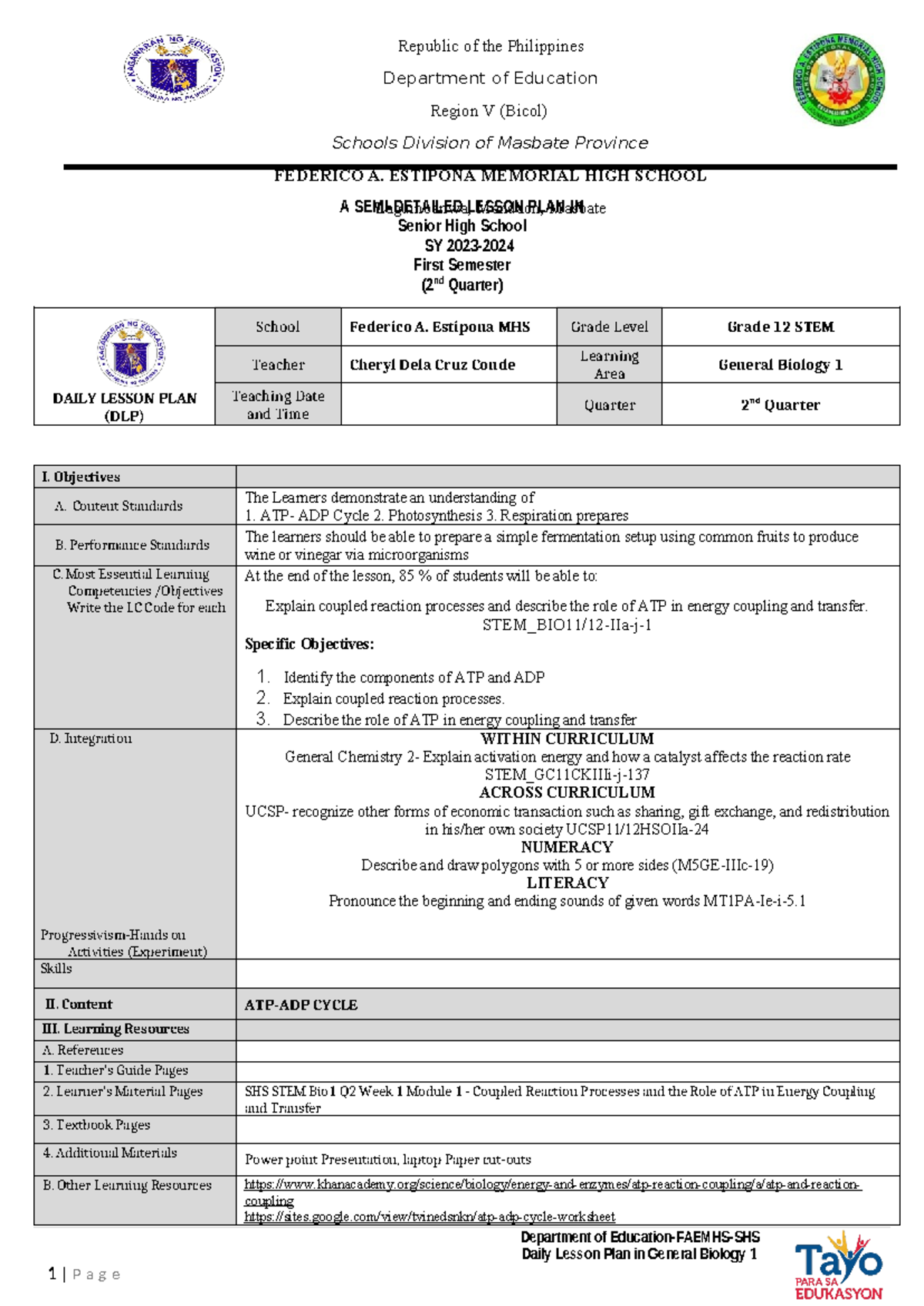 Q2 ATP-ADP Cycle Lesson Plan - Republic of the Philippines Department ...