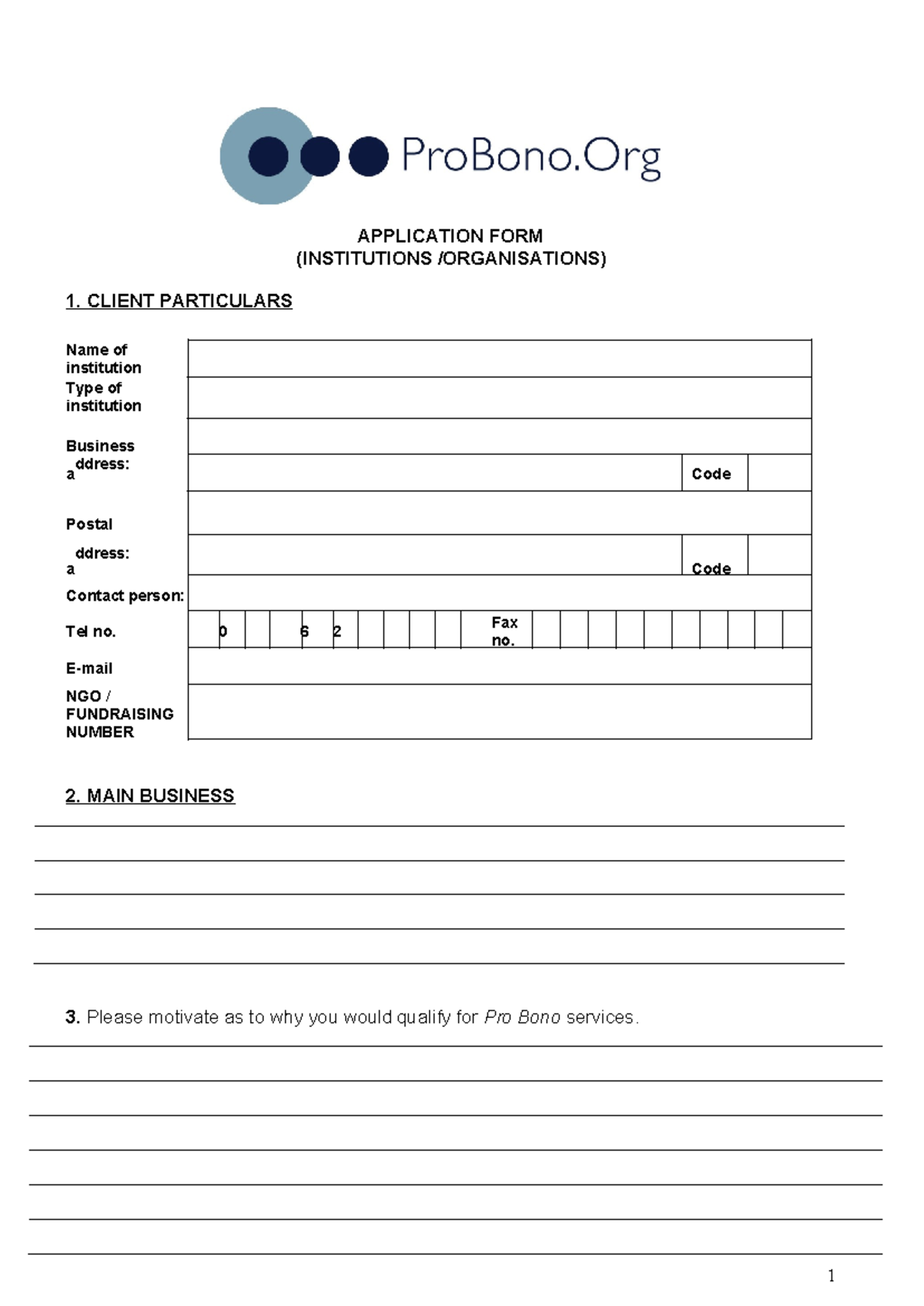 Probono Forms - Organisation - APPLICATION FORM (INSTITUTIONS ...