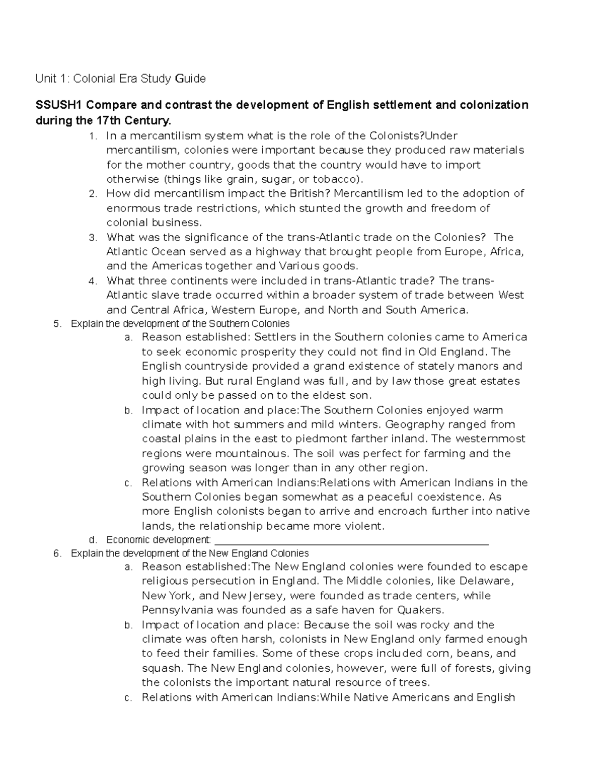 Unit 1-3 EOC Review 1SG - Colonial Era - Unit 1: Colonial Era Study ...