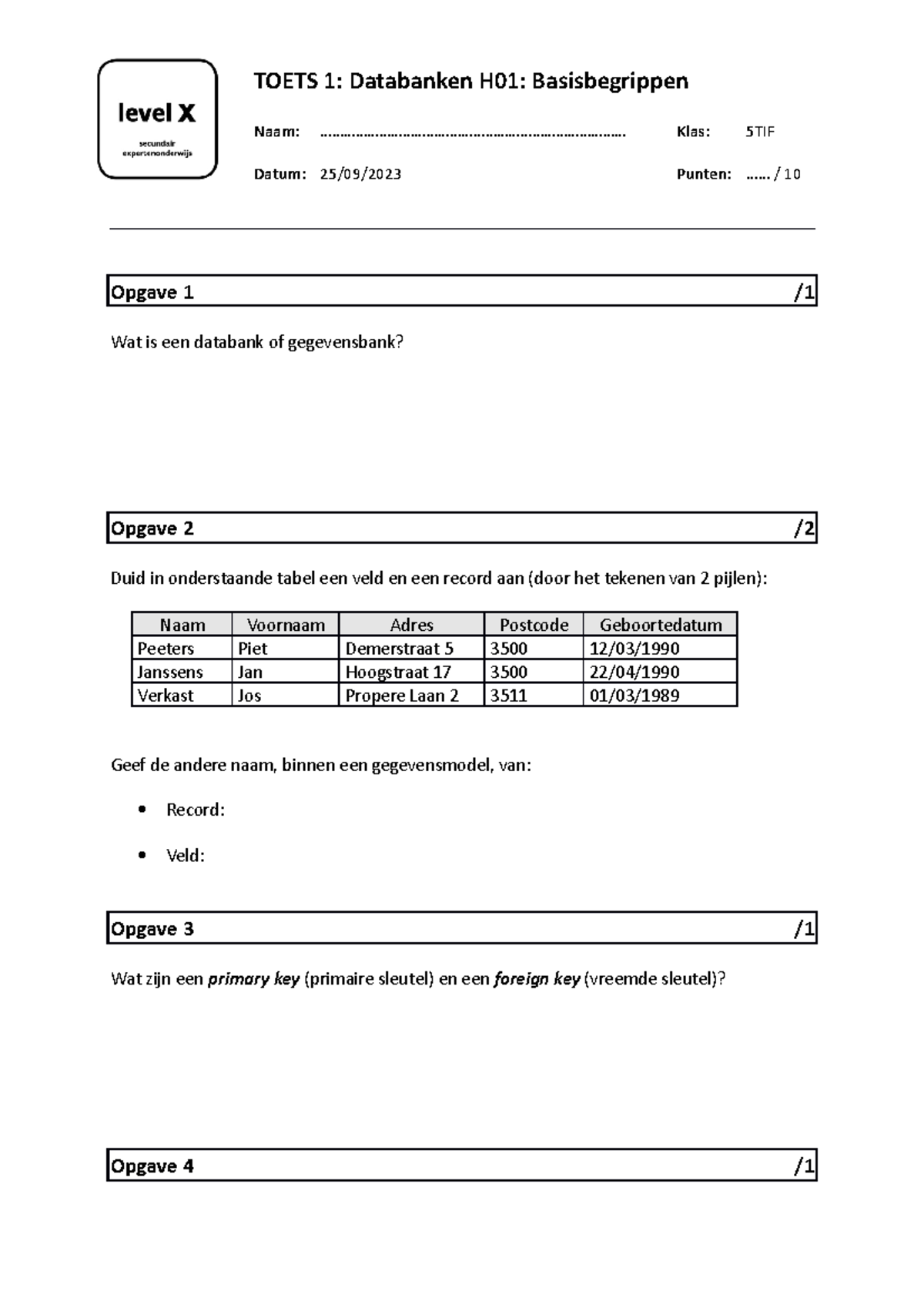 5TIF Databanken 20230925 Test H01 - TOETS 1: Databanken H01 ...